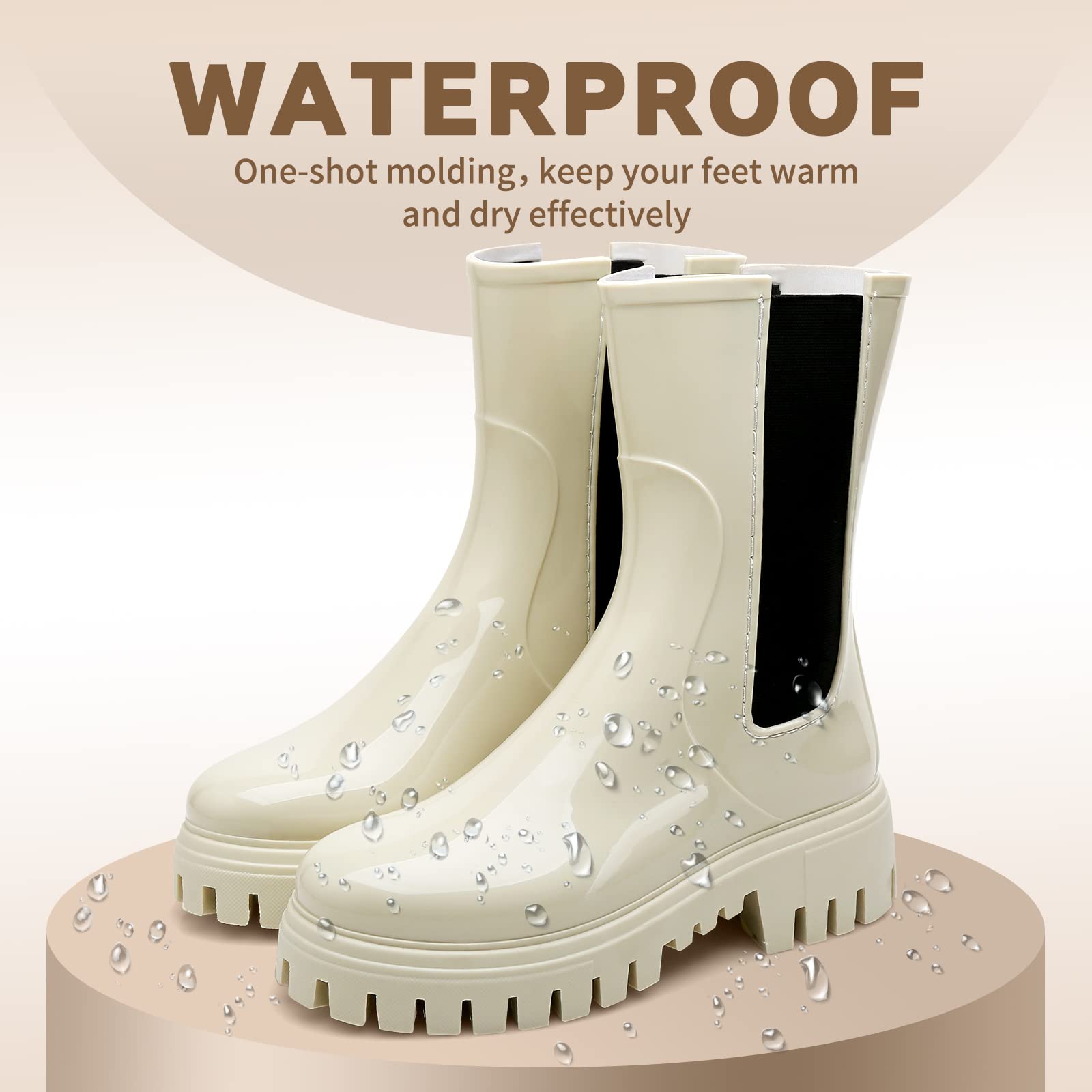 Hsttgsr Rain Boots for Women, Waterproof PVC Rubber Garden Boots Womens Chelsea Boots Short Platfrom Rain Boots, Anti-Slip Elastic Slip On Rainboots Garden Rain Shoes for Yard Farm Outdoor Work