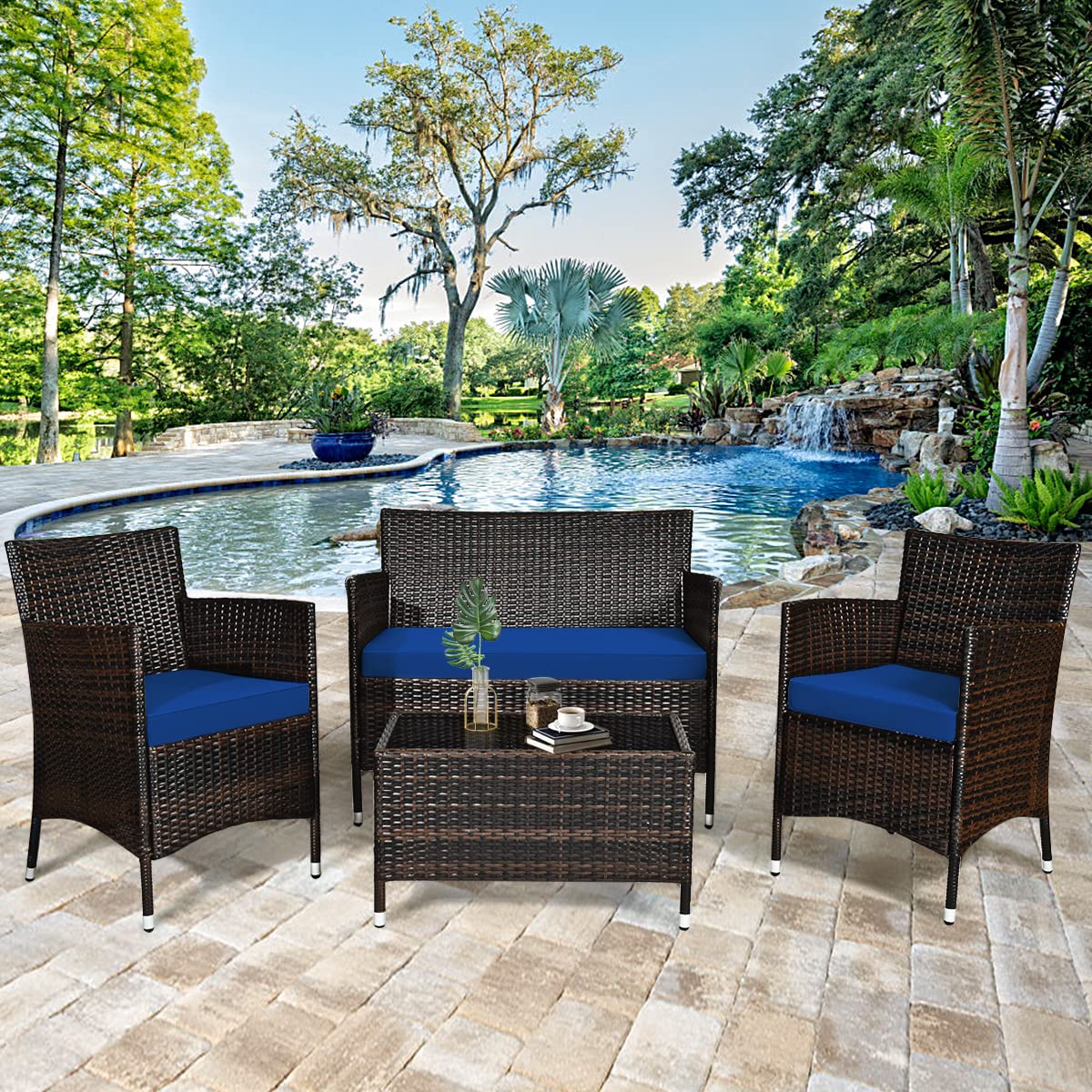 Toolsempire 4 Pieces Patio Sofa Set, Wicker Conversation Set with Ergonomic Curved Backrest, Rattan Furniture Set with Water-Resistant Cushion & Tempered Glass Table for Balcony, Porch (Navy Blue)