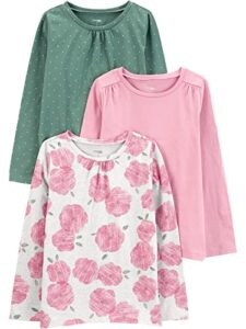 simple joys by carter's girls' 3-pack long sleeve shirts, green dots/grey floral/pink, 7