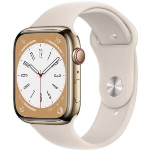 apple watch series 8 (gps + cellular, 45mm) - gold stainless steel case with starlight sport band (renewed)