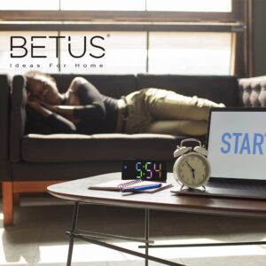 Betus Digital Alarm Clock - Compact Modern Desk Clock with Large RGB Display, Temperature, Adjustable Brightness, Auto Dim Function and USB Charger Powered