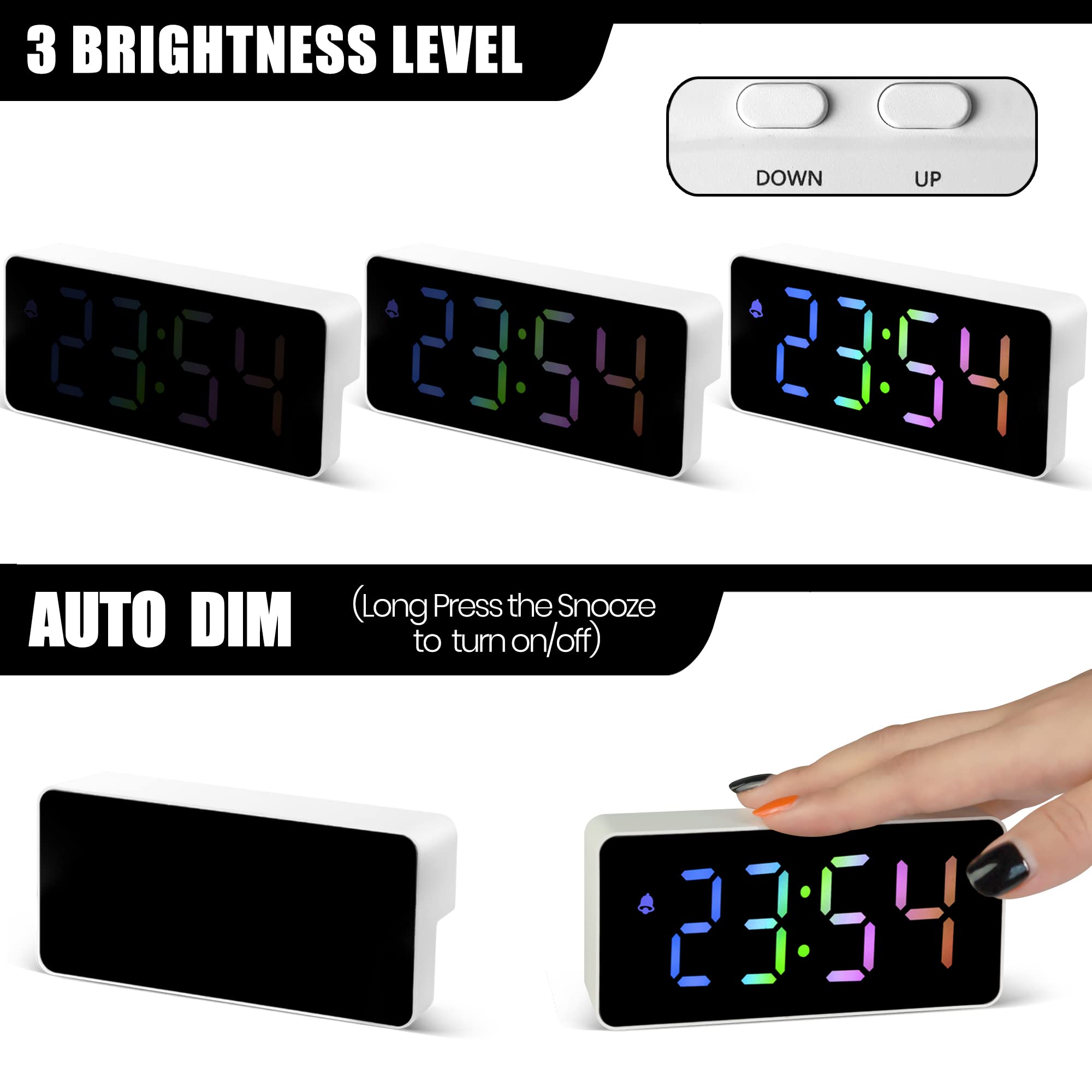 Betus Digital Alarm Clock - Compact Modern Desk Clock with Large RGB Display, Temperature, Adjustable Brightness, Auto Dim Function and USB Charger Powered