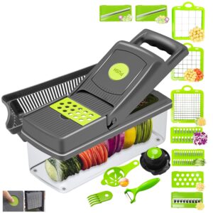 vegetable chopper 16 in 1, 9 blade veggie food chopper with container 1.2l, slicer dicer cutter with self-cleaning button for kitchen onion garlic potato salad