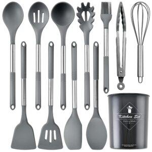 keidason silicone cooking utensils set for kitchen,446°f heat resistant 11 pcs non-stick cooking set spatula turner spoon tongs whisk,bpa-free-gray