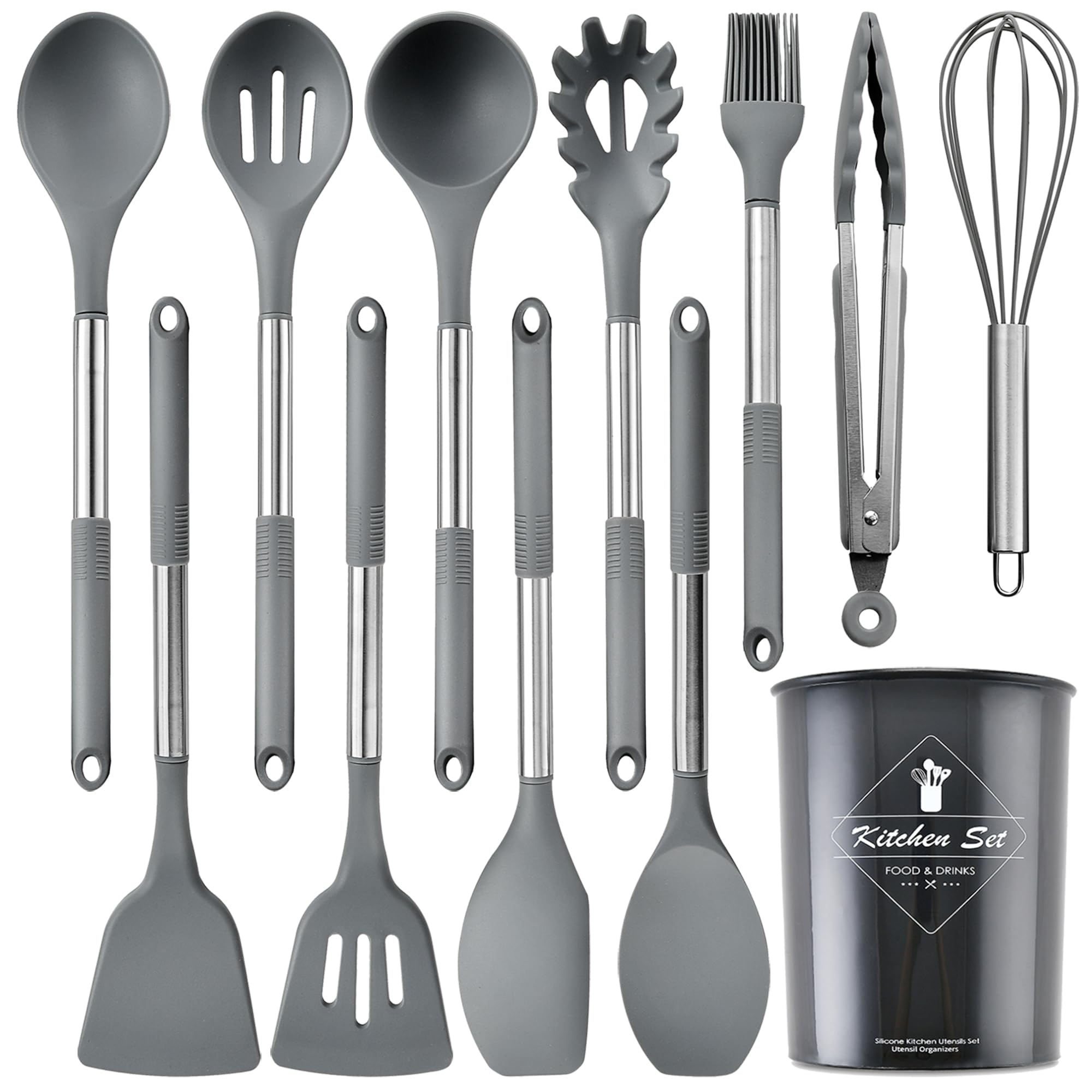 Keidason Silicone Cooking Utensils Set for Kitchen,446°F Heat Resistant 11 pcs Non-Stick Cooking Set Spatula Turner Spoon Tongs Whisk,BPA-Free-Gray