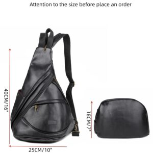 Baosha Leather Sling Bag Small Crossbody Backpack Casual Daypack Outdoor Cycling Hiking Backpack XB-10 (Black)