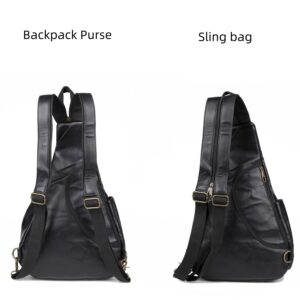 Baosha Leather Sling Bag Small Crossbody Backpack Casual Daypack Outdoor Cycling Hiking Backpack XB-10 (Black)