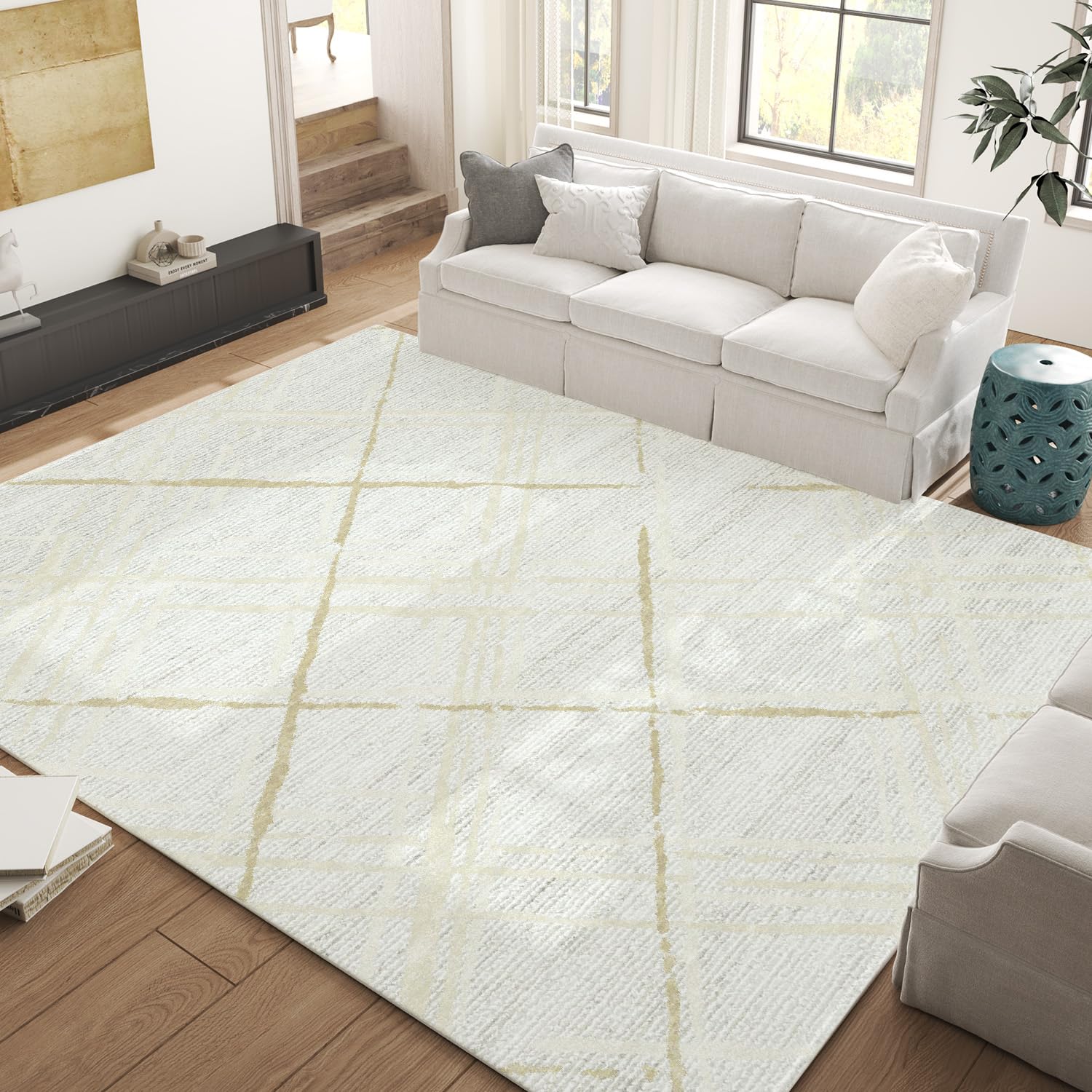 jinchan Area Rug 8x10 Modern Washable Rug Abstract Rug Geometric Grid Non Slip Accent Rug Thin Rug Indoor Floor Cover Beige Lines Contemporary Soft Rug Carpet Kitchen Living Room Bedroom Dining Room