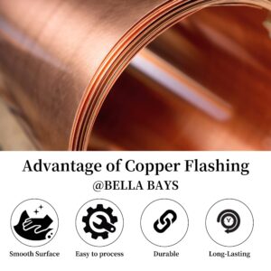 BELLA BAYS Copper Flashing 26 Gauge(0.016"/0.41mm) Thickness, 12in x 10ft, ASTM B152 99.95+% Pure Copper Sheet Roll, General Use or Roofing Flashing Roll - DIY Project or Contractor