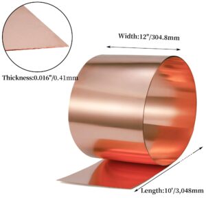 BELLA BAYS Copper Flashing 26 Gauge(0.016"/0.41mm) Thickness, 12in x 10ft, ASTM B152 99.95+% Pure Copper Sheet Roll, General Use or Roofing Flashing Roll - DIY Project or Contractor