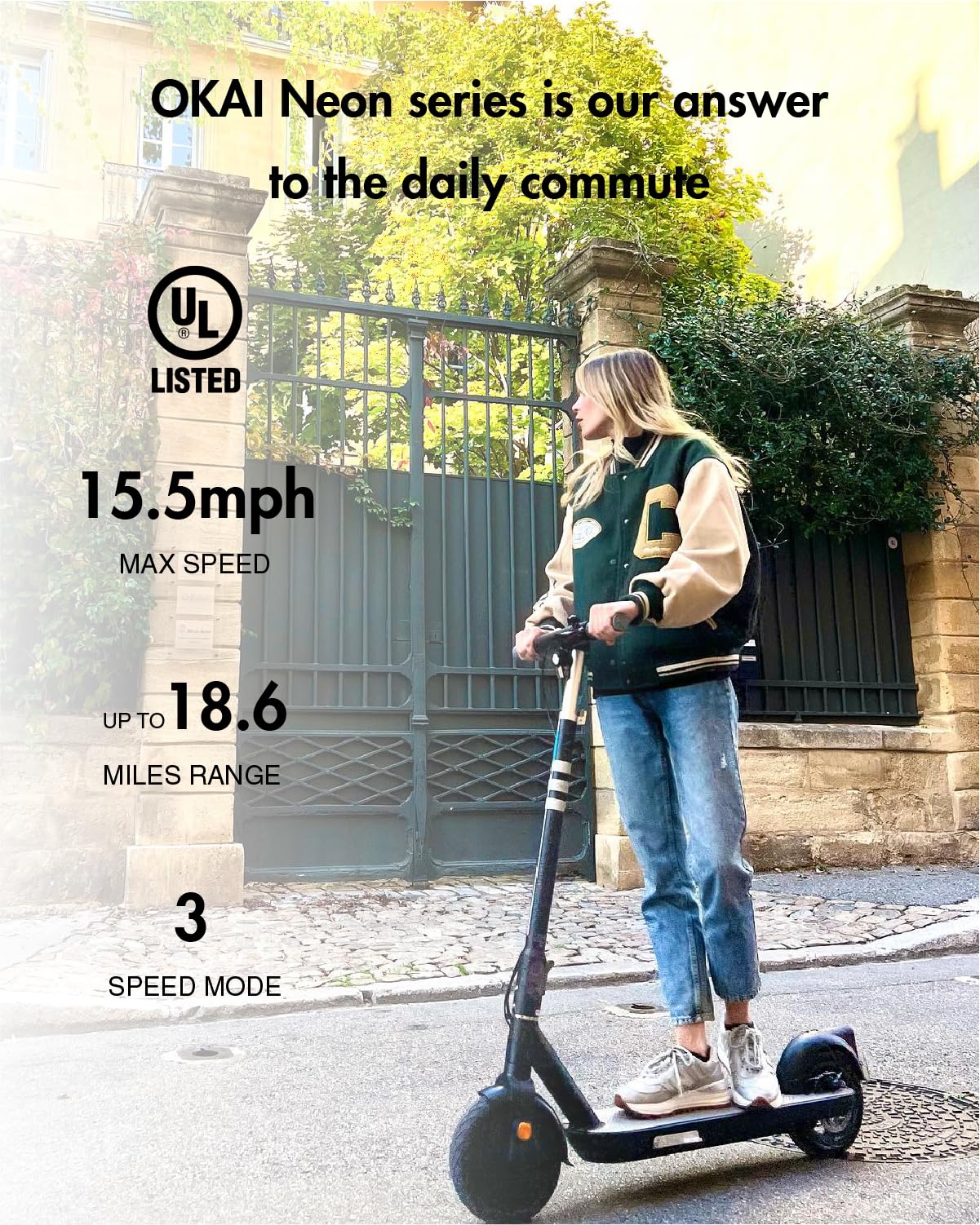 OKAI Neon Lite Electric Scooter Up to 15.5 MPH 18.6 Mile Range E-Scooter for Adults Lightweight Commuter Scooter Ambient Light Black Certification Standards