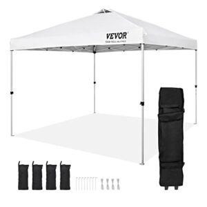 vevor pop up canopy tent, 10 x 10 ft, 250 d pu silver coated tarp, with portable roller bag and 4 sandbags, waterproof and sun shelter gazebo for outdoor party, camping, commercial events, white