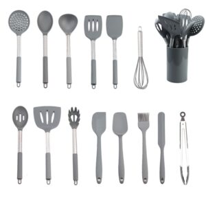 dmfc kitchen utensils set 15 pieces kitchenware supplies set silicone stainless steel handle cooking nonstick pot high temperature resistant spatula spoon kitchenware.(grey)