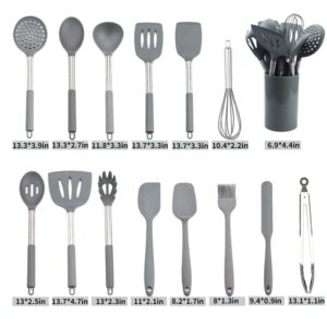 DMFC Kitchen Utensils Set 15 Pieces Kitchenware Supplies Set Silicone Stainless Steel Handle Cooking Nonstick Pot High Temperature Resistant Spatula Spoon Kitchenware.(Grey)