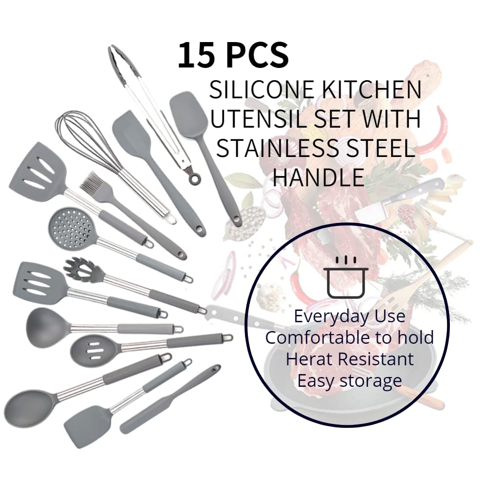 DMFC Kitchen Utensils Set 15 Pieces Kitchenware Supplies Set Silicone Stainless Steel Handle Cooking Nonstick Pot High Temperature Resistant Spatula Spoon Kitchenware.(Grey)