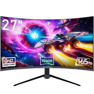 27 inch curved gaming monitor, qhd 2560 x 1440 computer monitor 144hz/165hz, 16:9 wide hdr display, freesync, 1ms response, pc monitor built-in speaker, 2* hdmi & displayport, tilt adjustable