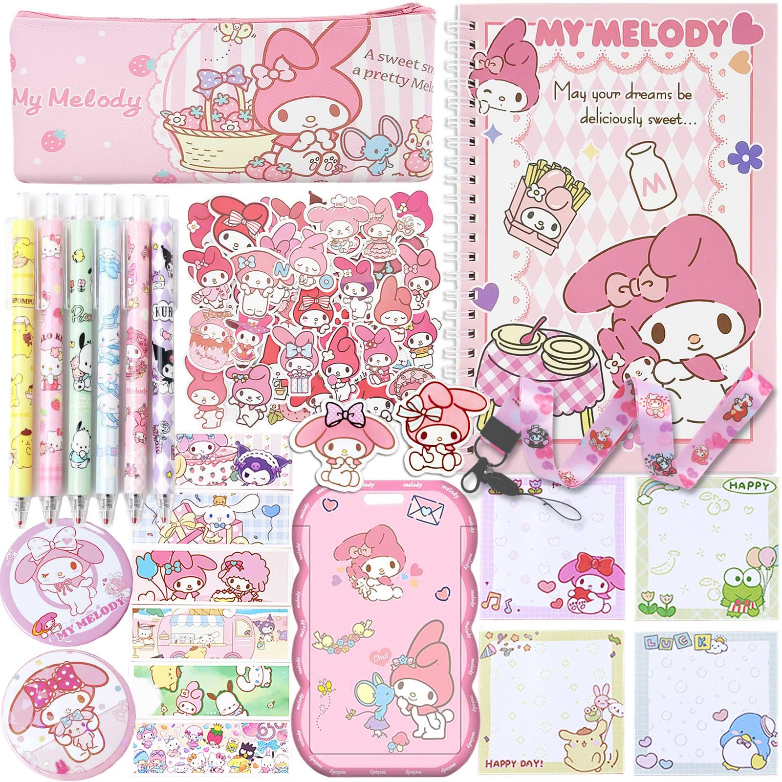 Koiswim Cute School Supplies Kawaii Stationery Gift Set, Including Gel Pens Notebook Pencil Cse Stickers Pins Badge Lanyard Sticky Note Bookmark (M)