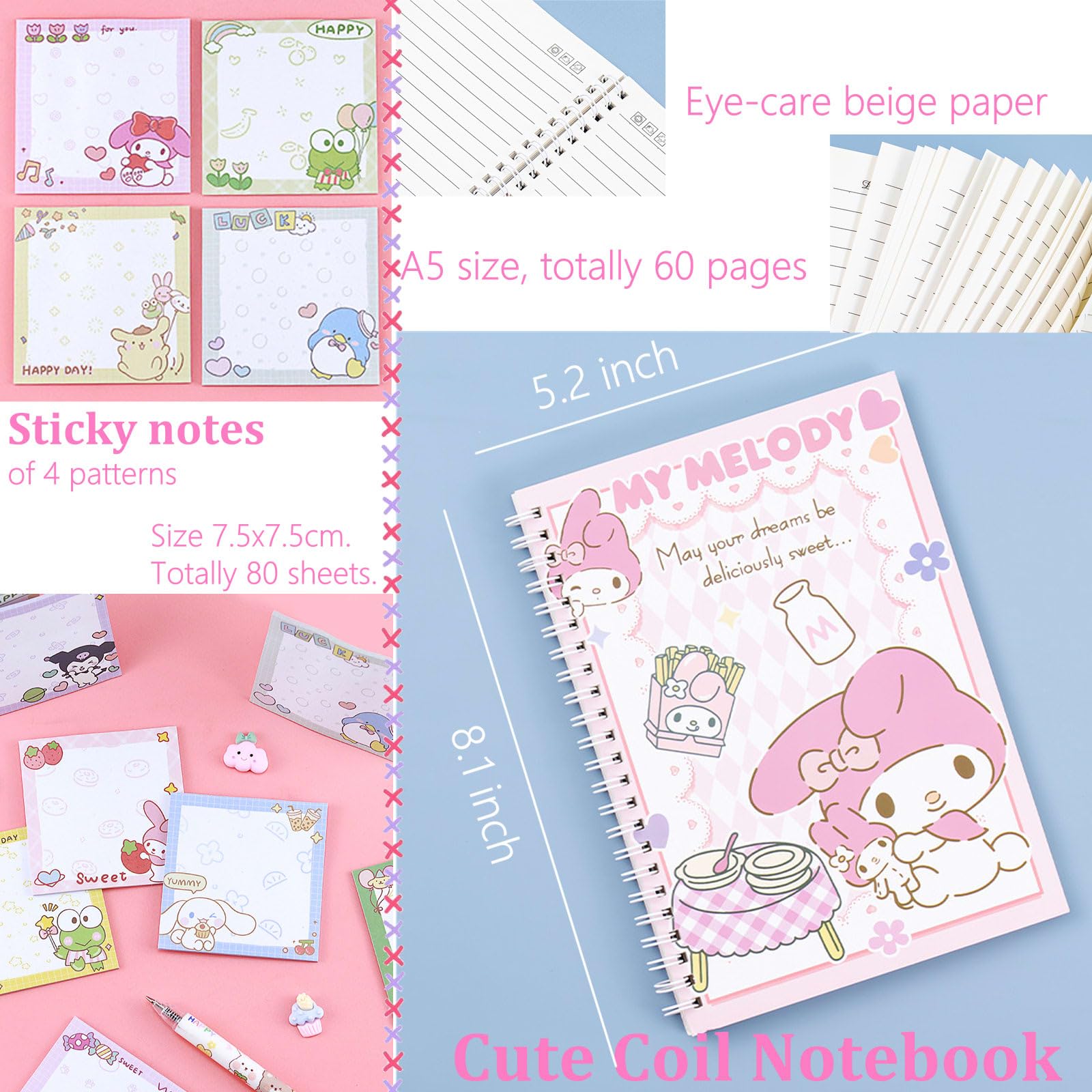 Koiswim Cute School Supplies Kawaii Stationery Gift Set, Including Gel Pens Notebook Pencil Cse Stickers Pins Badge Lanyard Sticky Note Bookmark (M)