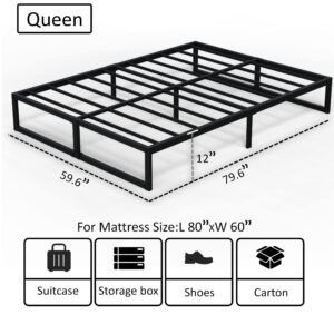 EMODA 12 Inch Queen Bed Frame No Box Spring Needed Heavy Duty Metal Platform BedFrame Queen Size with Steel Slats, Easy Assembly, Black