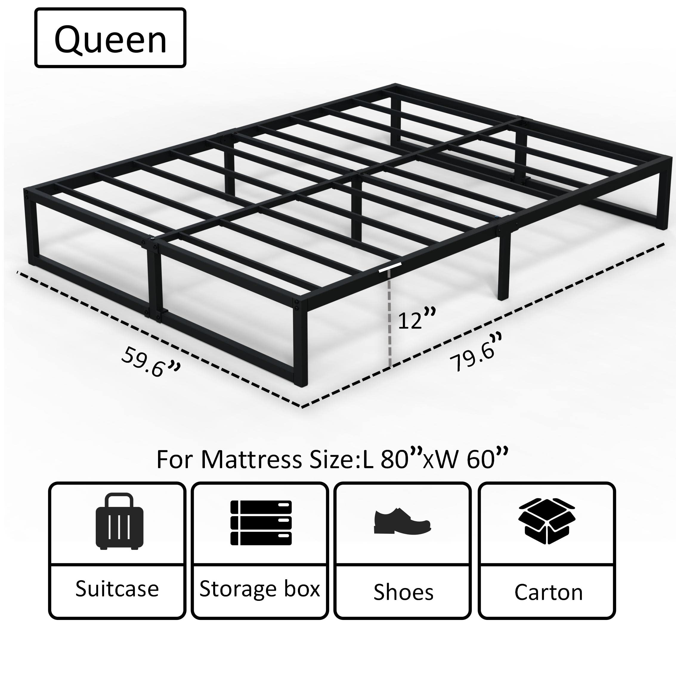 EMODA 12 Inch Queen Bed Frame No Box Spring Needed Heavy Duty Metal Platform BedFrame Queen Size with Steel Slats, Easy Assembly, Black