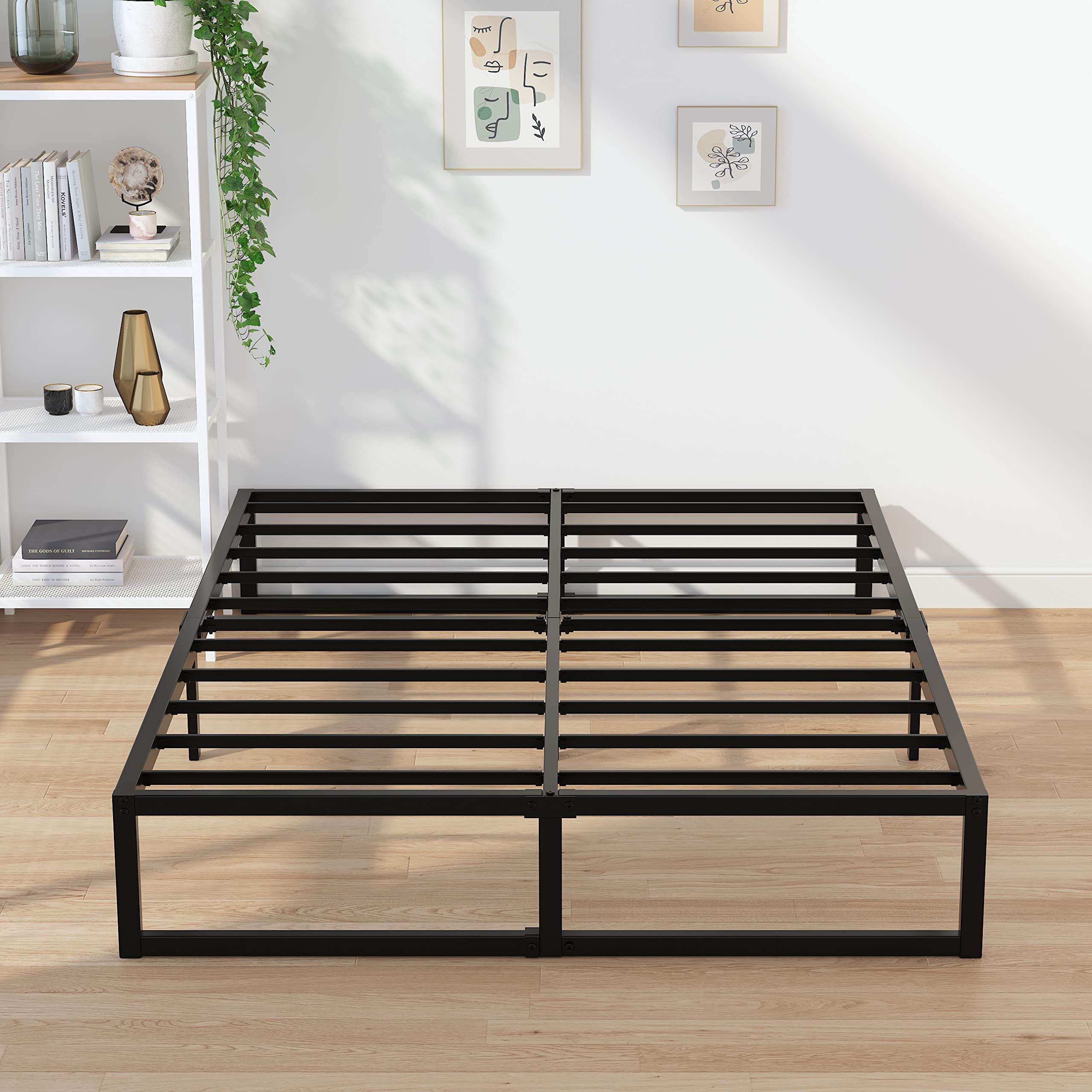 EMODA 12 Inch Queen Bed Frame No Box Spring Needed Heavy Duty Metal Platform BedFrame Queen Size with Steel Slats, Easy Assembly, Black