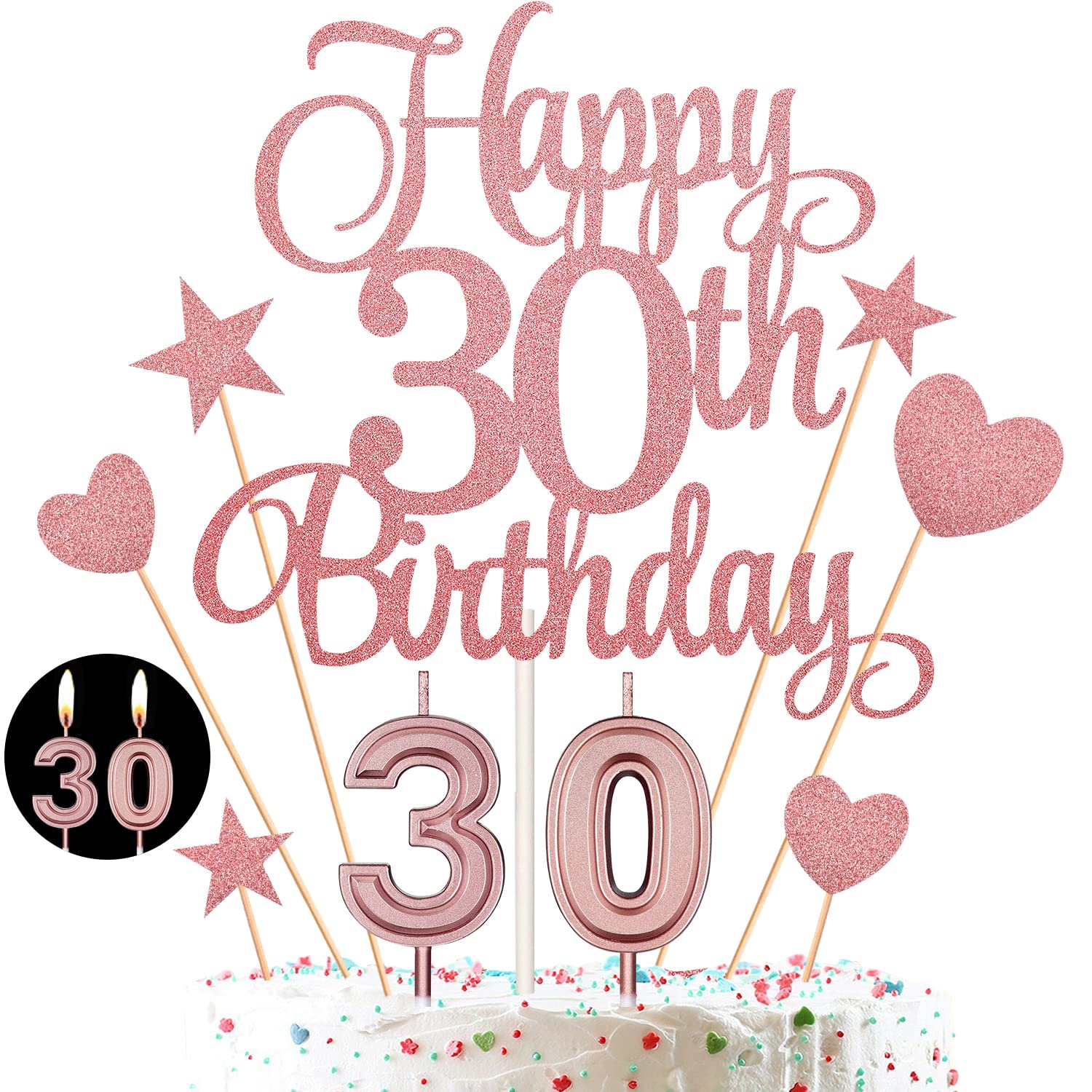 30th Birthday Cake Decorations Set Include 30th Birthday Candles Numeral 30 Cake Candles and Happy 30th Birthday Cake Toppers with Heart Star Cupcake Picks for Birthday Party (Rose Gold Series)