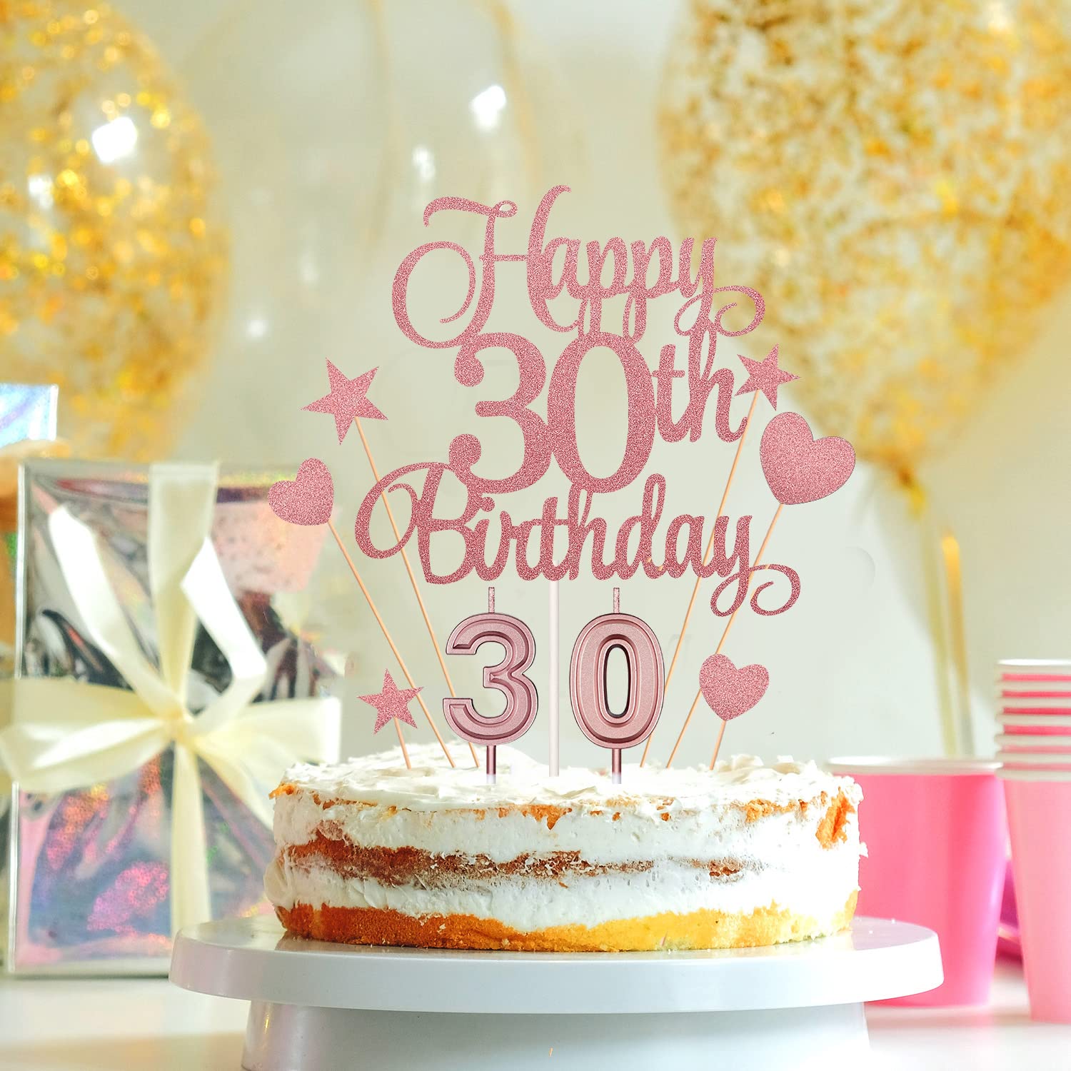 30th Birthday Cake Decorations Set Include 30th Birthday Candles Numeral 30 Cake Candles and Happy 30th Birthday Cake Toppers with Heart Star Cupcake Picks for Birthday Party (Rose Gold Series)