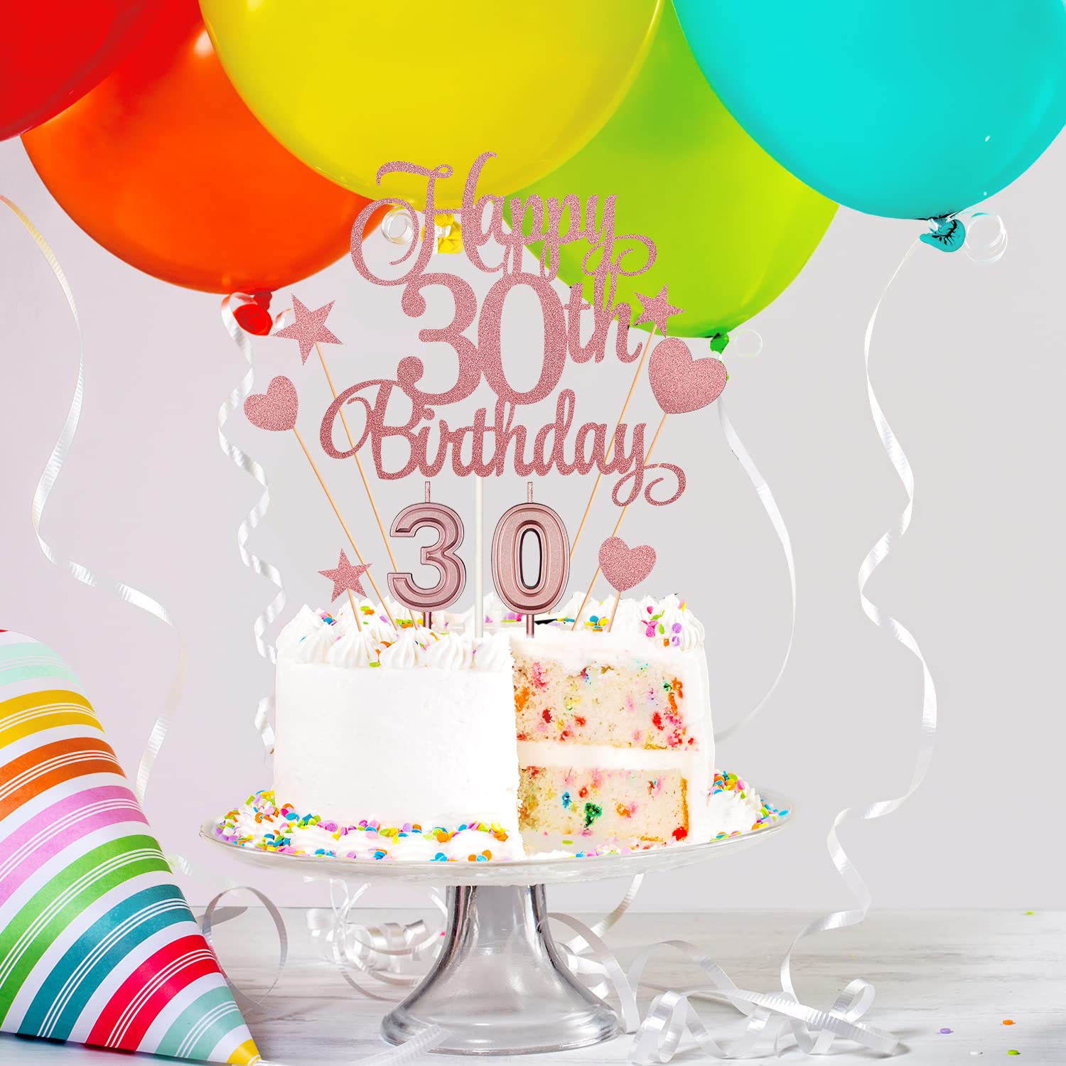 30th Birthday Cake Decorations Set Include 30th Birthday Candles Numeral 30 Cake Candles and Happy 30th Birthday Cake Toppers with Heart Star Cupcake Picks for Birthday Party (Rose Gold Series)