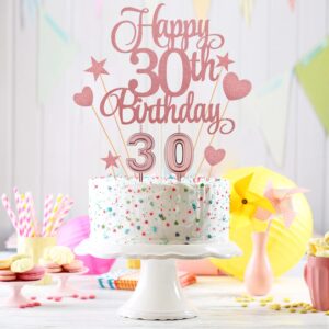 30th Birthday Cake Decorations Set Include 30th Birthday Candles Numeral 30 Cake Candles and Happy 30th Birthday Cake Toppers with Heart Star Cupcake Picks for Birthday Party (Rose Gold Series)