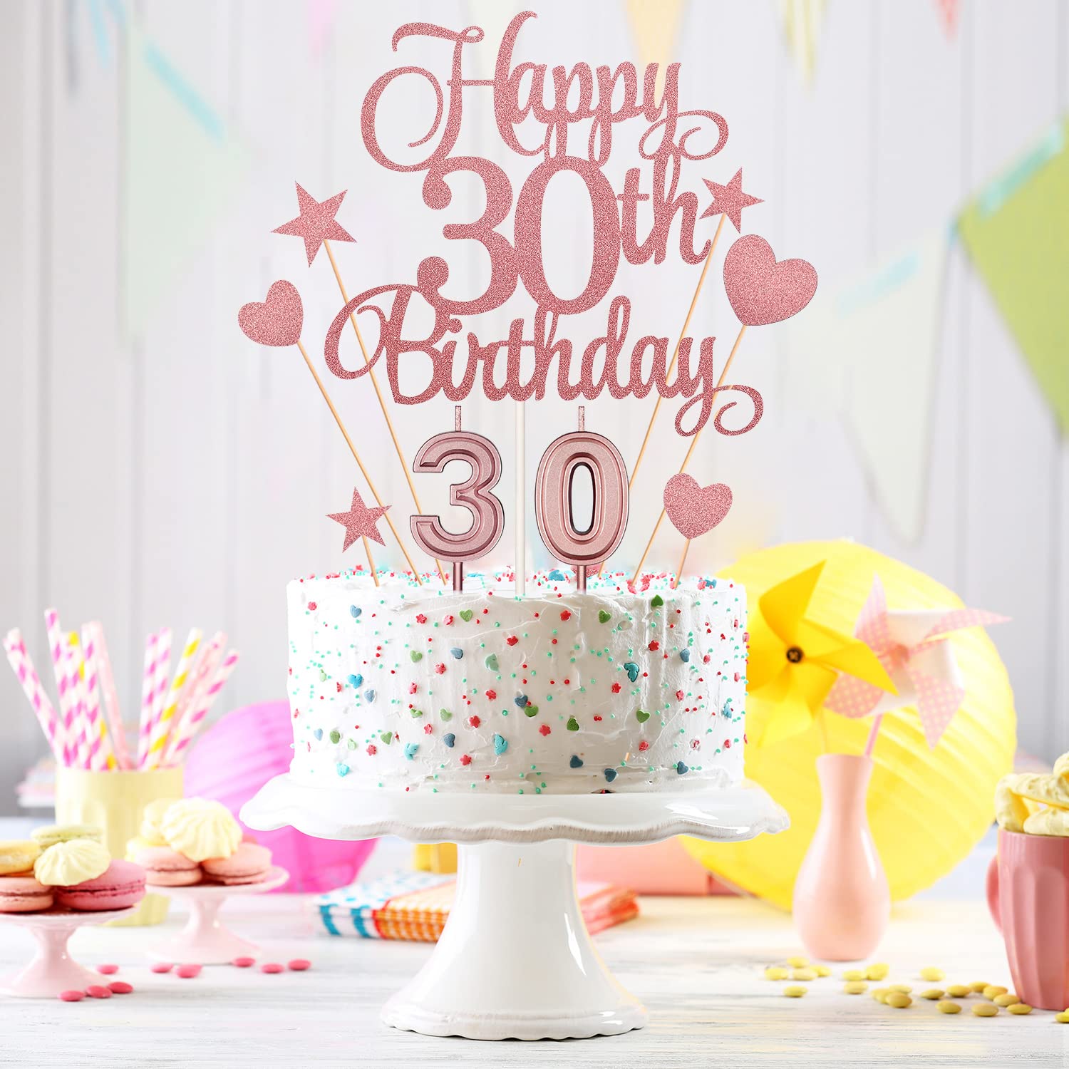 30th Birthday Cake Decorations Set Include 30th Birthday Candles Numeral 30 Cake Candles and Happy 30th Birthday Cake Toppers with Heart Star Cupcake Picks for Birthday Party (Rose Gold Series)