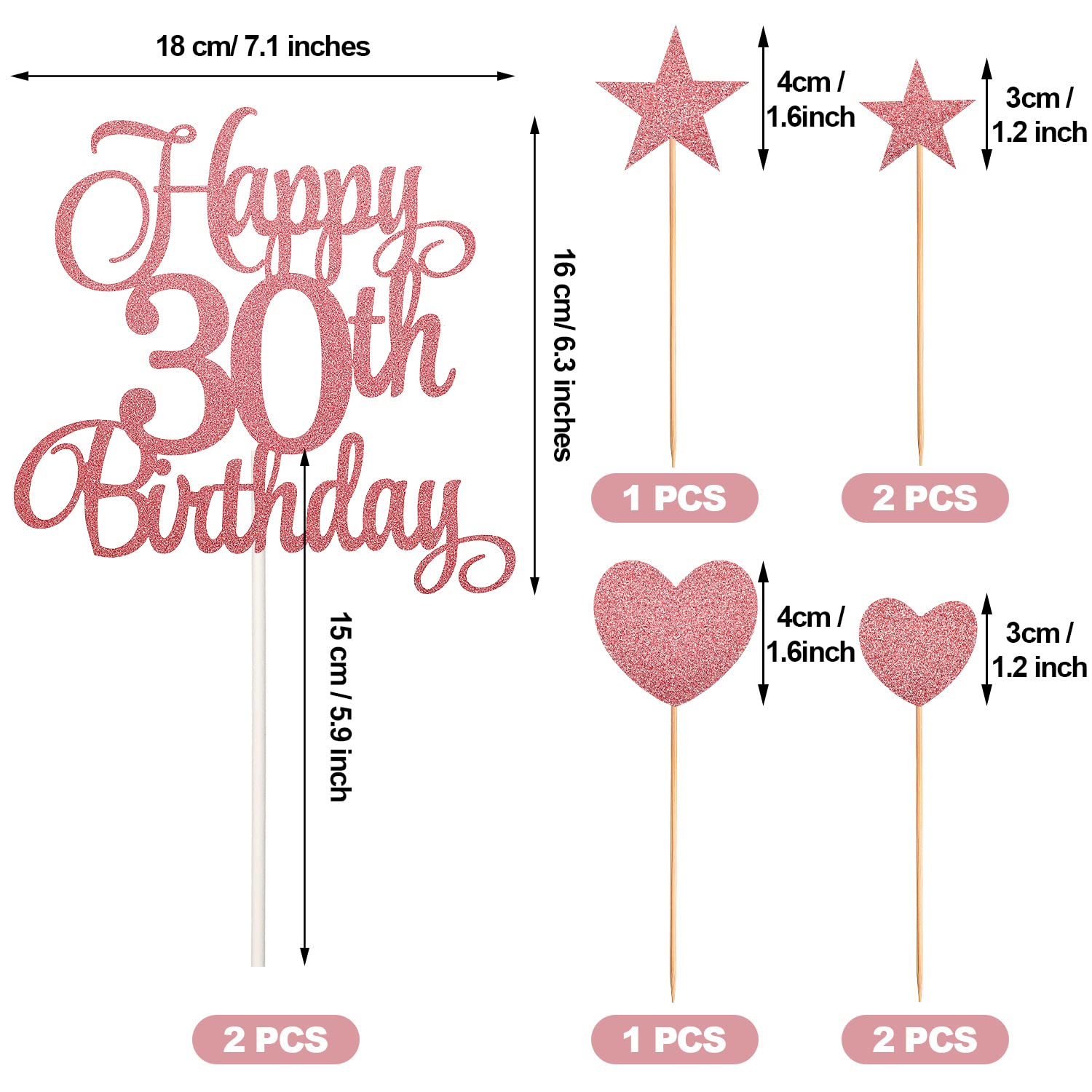 30th Birthday Cake Decorations Set Include 30th Birthday Candles Numeral 30 Cake Candles and Happy 30th Birthday Cake Toppers with Heart Star Cupcake Picks for Birthday Party (Rose Gold Series)