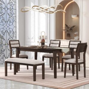 trexm classic and traditional style 6 - piece dining set, includes dining table, 4 upholstered chairs & bench (espresso)