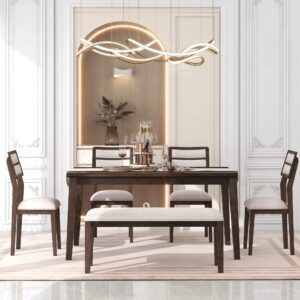 TREXM Classic and Traditional Style 6 - Piece Dining Set, Includes Dining Table, 4 Upholstered Chairs & Bench (Espresso)