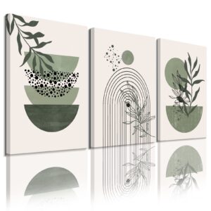 sage green wall posters & prints, green boho wall art set of 3, minimalist framed wall art geometric line leaf sun moon beige green canvas artwork paintings