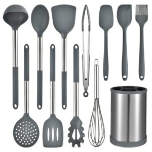 keidason kitchen cooking utensils set, 12-piece non-stick silicone kitchen utensils set heat-resistant stainless steel handle, bpa-free, cooking tool mixing kitchen tool set (gray)