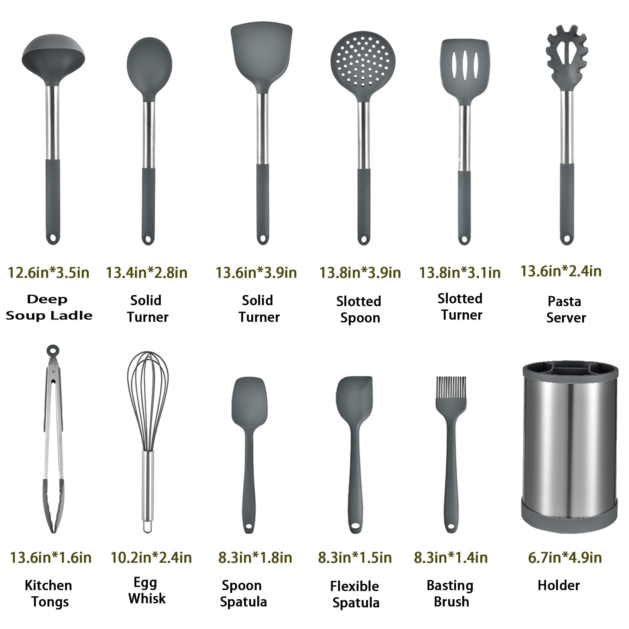 Keidason Kitchen Cooking Utensils Set, 12-piece Non-stick Silicone Kitchen Utensils Set Heat-resistant Stainless Steel Handle, BPA-Free, Cooking Tool Mixing Kitchen Tool Set (Gray)