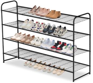 aooda 4 tier long metal shoe rack for closet wide stackable shoe organizer for entryway, bedroom, floor, holds 30 pairs men sneakers large shoe storage shelf with wire grid, black