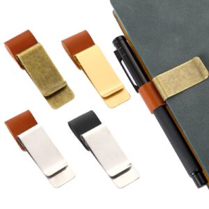 leather pen holder clip for notebook,4 pcs vintage pen loop clip stainless steel pen loop holder pu leather pen clip pen sleeve for notebooks, journals, planner, fit most pen size