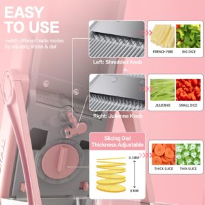 QieCai Safe Mandoline Slicer for Kitchen, Multifunctional Chopper Vegetable Cutter, Julienne + Dicer for Vegetables, Meal Prep & Thickness Adjuster, Essential Kitchen Gadgets-pink