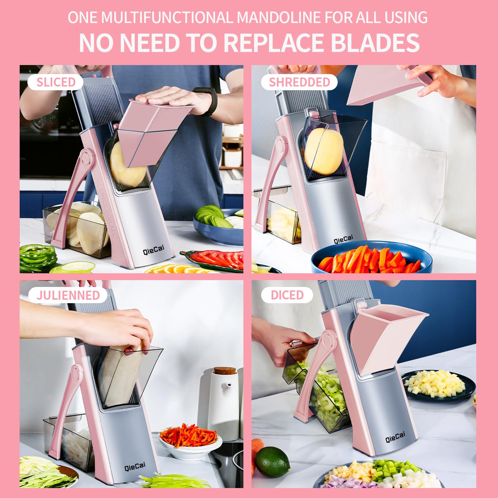 QieCai Safe Mandoline Slicer for Kitchen, Multifunctional Chopper Vegetable Cutter, Julienne + Dicer for Vegetables, Meal Prep & Thickness Adjuster, Essential Kitchen Gadgets-pink