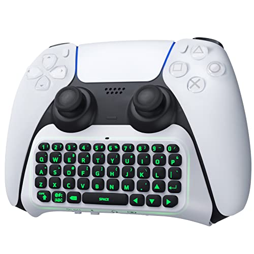 TiMOVO PS5 Controller Keyboard with Green Backlight, Wireless Bluetooth Keypad Chatpad for Playstation 5 Controller, Mini Game Keyboard Built-in Speaker with 3.5mm Audio Jack for PS5 Accessories,White