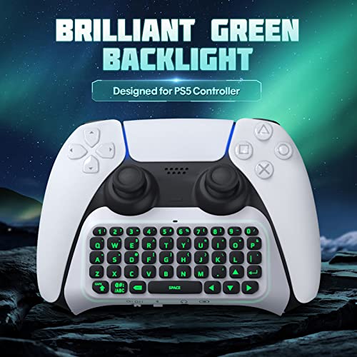 TiMOVO PS5 Controller Keyboard with Green Backlight, Wireless Bluetooth Keypad Chatpad for Playstation 5 Controller, Mini Game Keyboard Built-in Speaker with 3.5mm Audio Jack for PS5 Accessories,White