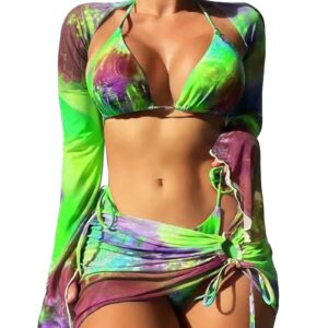 4 piece swimsiut for women, multi-color halo dye tie dye floral butterfly sleeved pleated drawstring bikini cover up skirt