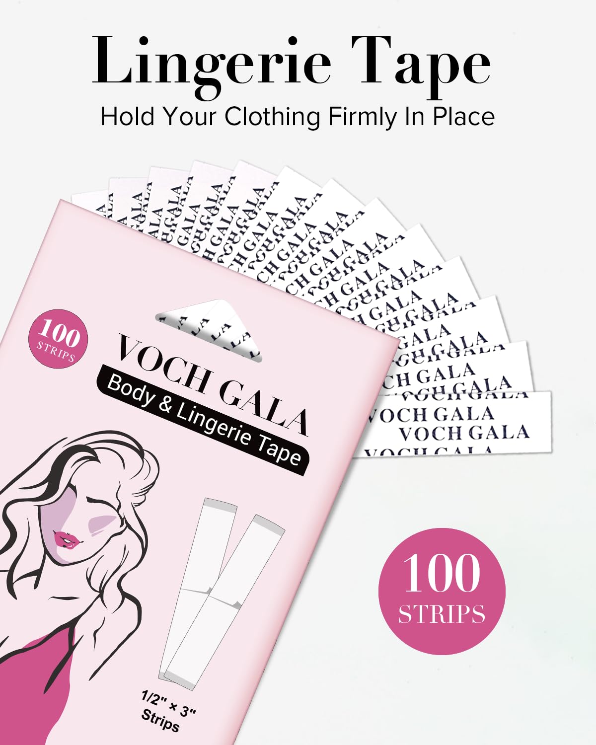 VOCH GALA 100 Strips Double Sided Tape for Fashion and Clothes, Waterproof Fashion Clothing Tape, Fabric Tape to Skin, Strong Adhesive Body Tape, Clear Transparent for All Skin Shades