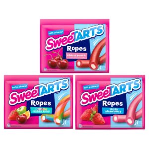 bundle of sweetarts ropes candy, cherry punch, twisted rainbow punch, & tangy strawberry, 9 ounce (pack of 3)