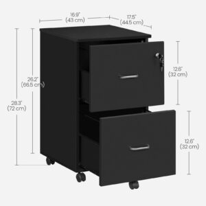 VASAGLE 2-Drawer File Cabinet, Locking Wood Filing Cabinet for Home Office, Small Rolling File Cabinet, Printer Stand, for A4, Letter-Size Files, Hanging File Folders, Modern, Black ULCD027T16V2