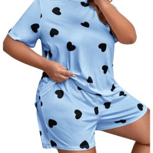 GORGLITTER Women's Plus Size 2 Piece Pajama Set Heart Print Short Sleeve Crewneck Tee with Shorts Pjs Set Light Blue 4X-Large Plus