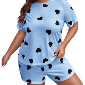 GORGLITTER Women's Plus Size 2 Piece Pajama Set Heart Print Short Sleeve Crewneck Tee with Shorts Pjs Set Light Blue 4X-Large Plus