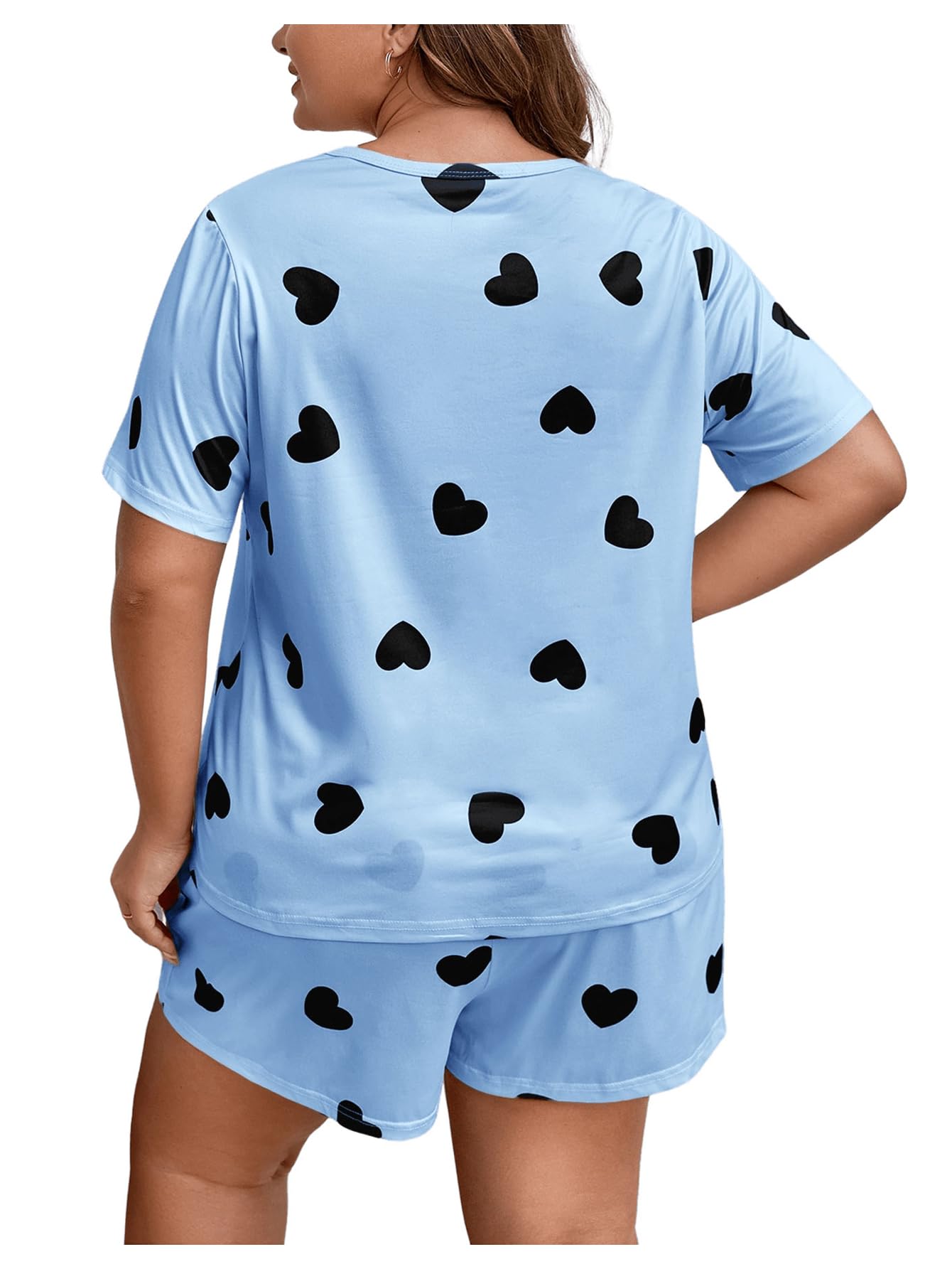 GORGLITTER Women's Plus Size 2 Piece Pajama Set Heart Print Short Sleeve Crewneck Tee with Shorts Pjs Set Light Blue 4X-Large Plus