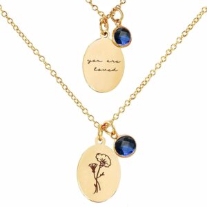 birth flower necklaces for women trendy, 18k gold plated dainty birthstone pendant necklace handmade oval coin birthday gifts for women girls teens birth month flower jewelry